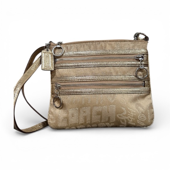 Coach | Bags | Coach Poppy Metallic Gold Graffiti Crossbody Triple Zip ...